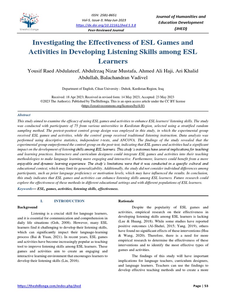Investigating The Effectiveness of ESL Games and Activities in Developing Listening Skills Among ...