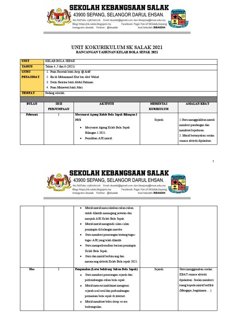 Rancangan Tahunan Kelab Bola Sepak 2021 | PDF