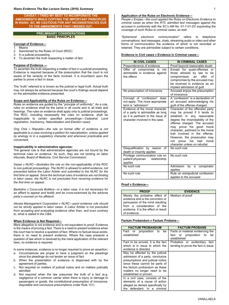 Riano Evidence | PDF | Burden Of Proof (Law) | Evidence (Law)