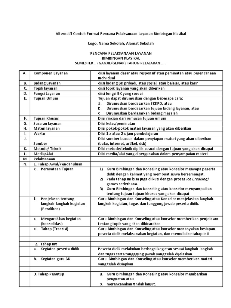 Alternatif Contoh Format Rencana Pelaksanaan Layanan Bimbingan Klasikal ...
