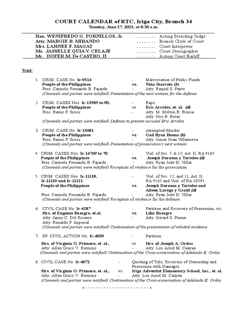 June 27 Sample Court Calendar | PDF