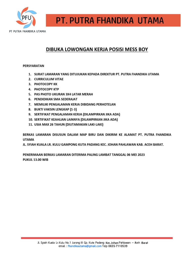 Lowongan Kerja Posisi Mess Boy | PDF