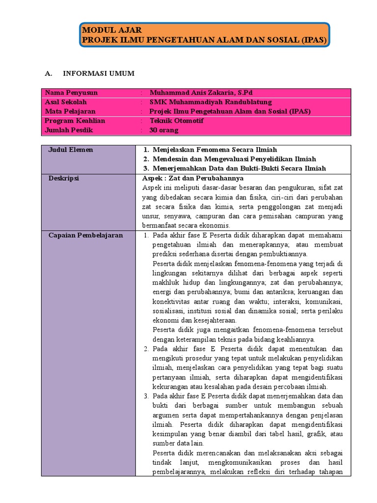 Modul Ajar - Projek Ipas - Zat Dan Perubahannya - Anis - 2022 | PDF ...