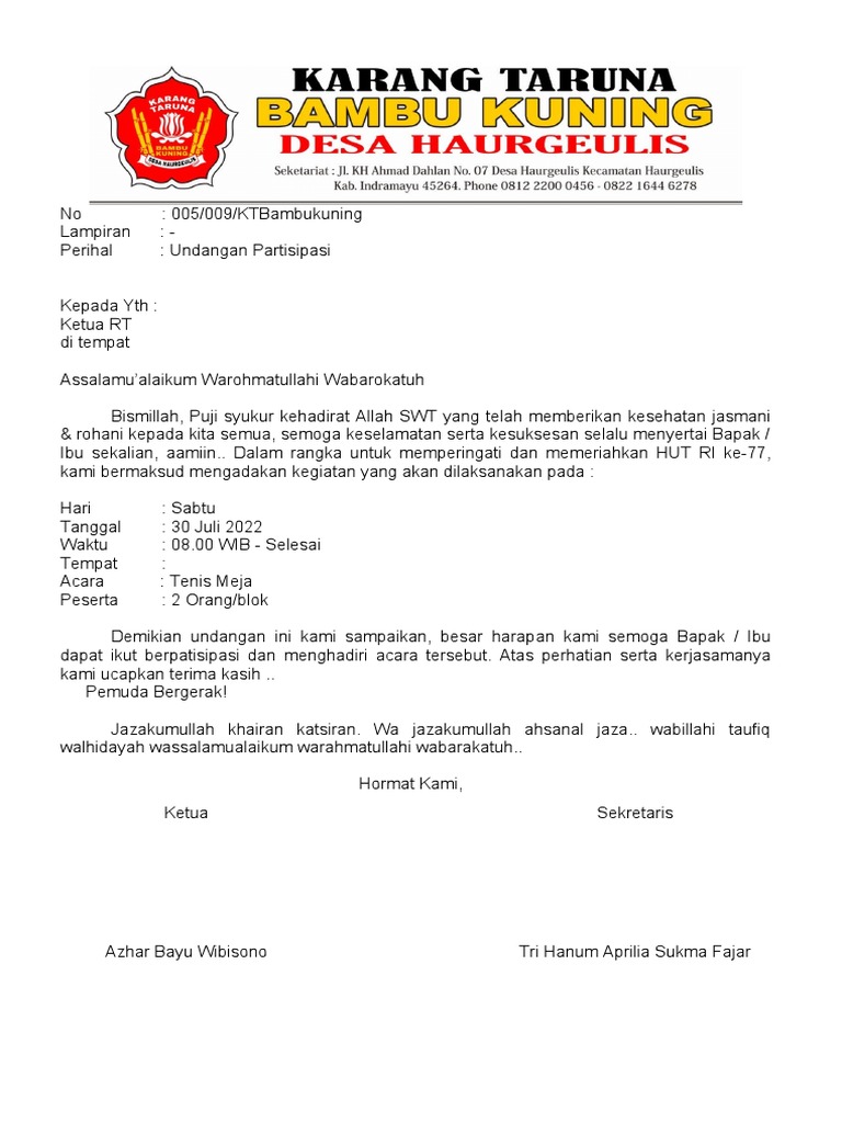 Undangan Tenis Meja HUT RI ke-77 | PDF