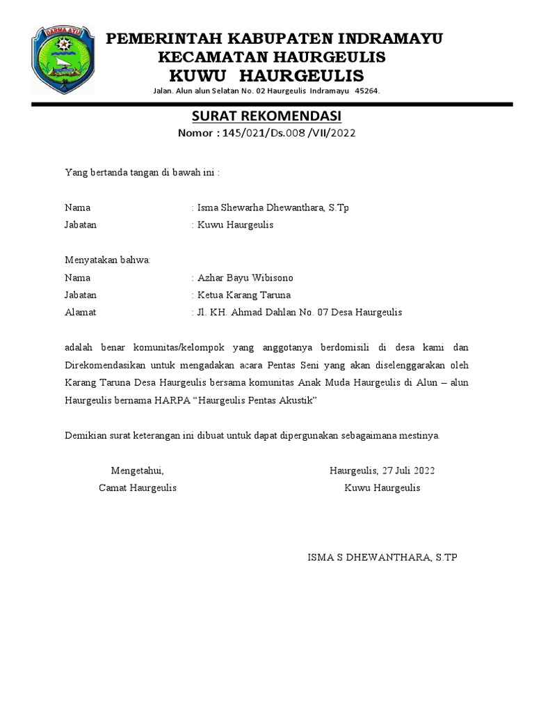 Format Surat Rekomendasi Kepala Desa | PDF