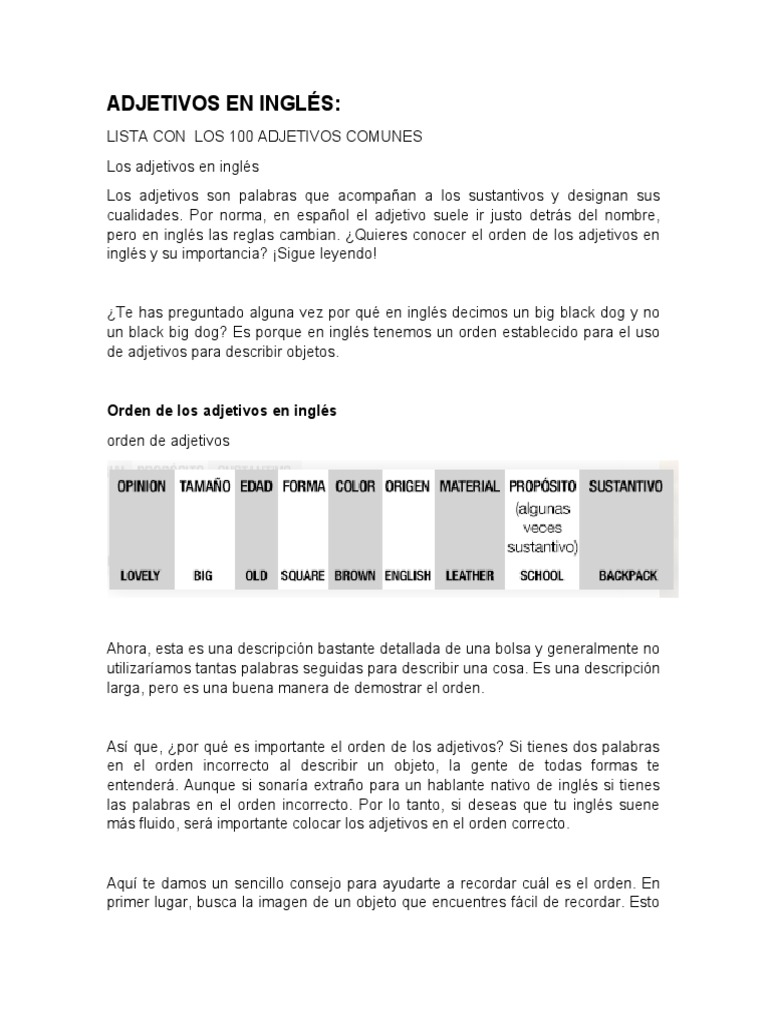 Adjetivos En Inglés Pdf Adjetivo Lingüística