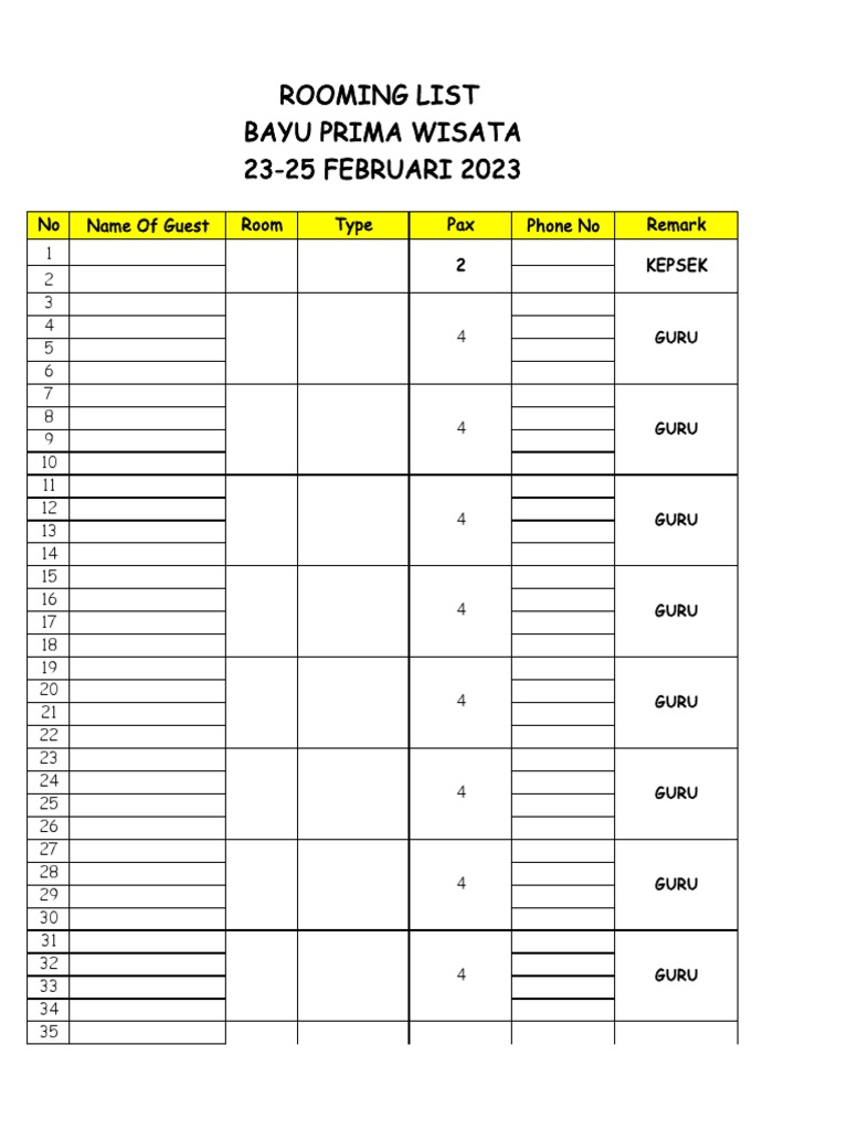 Rooming List Bpw 23-25 Februari 2023 | PDF