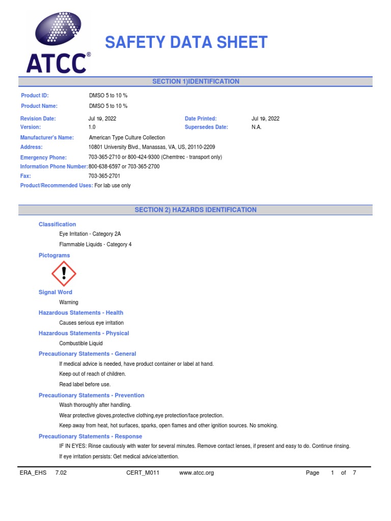 ATCC DMSO SDS 510 Percent | PDF | Toxicity | Personal Protective Equipment