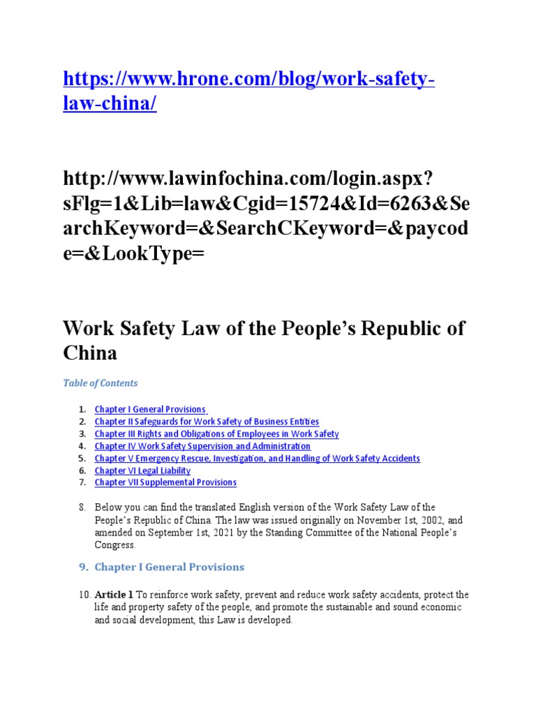 Work Safety Law of The People China | PDF | Occupational Safety And ...