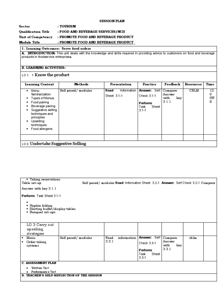 SESSION - PLAN - Sector - PROMOTE FBS | PDF | Menu | Foodservice