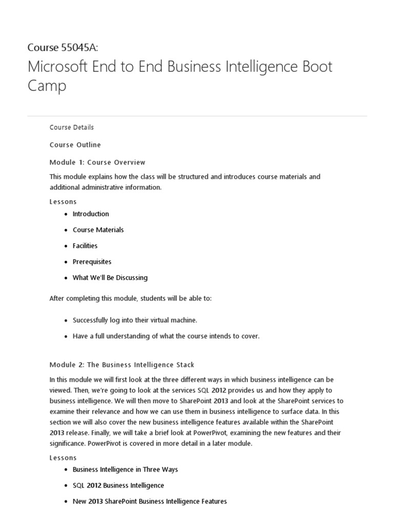 Microsoft BI Boot Camp Course Outline | PDF | Share Point | Microsoft Excel