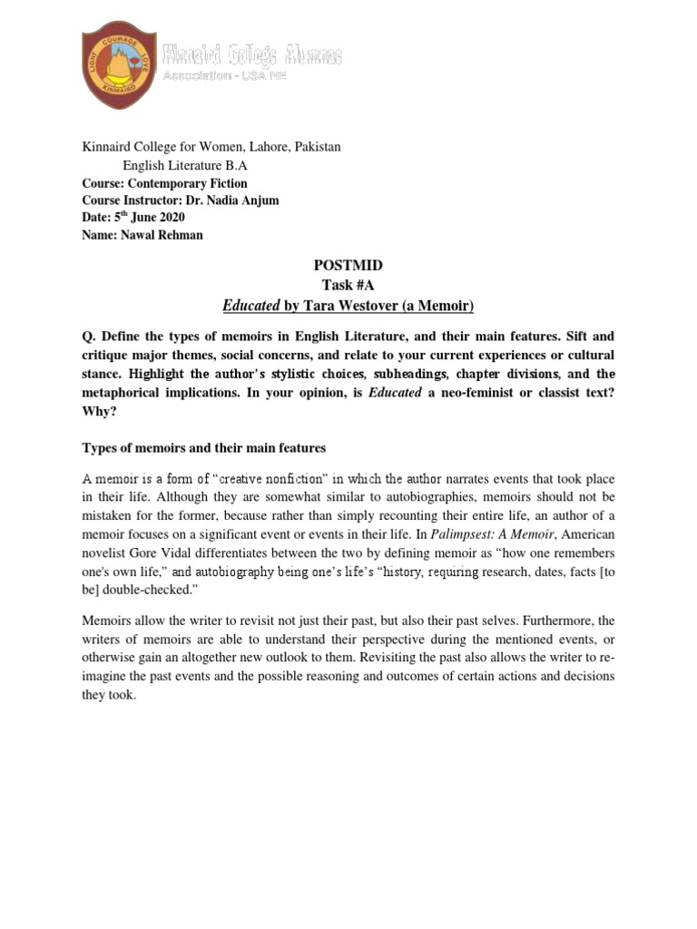 Educated By Tara Westover As A Memoir Pdf Mental Disorder Writers