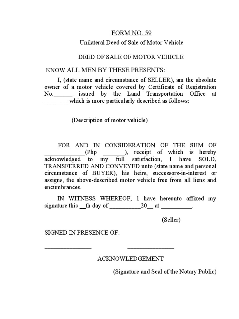 FORM NO. 59 Unilateral Deed of Sale of Motor Vehicle | PDF