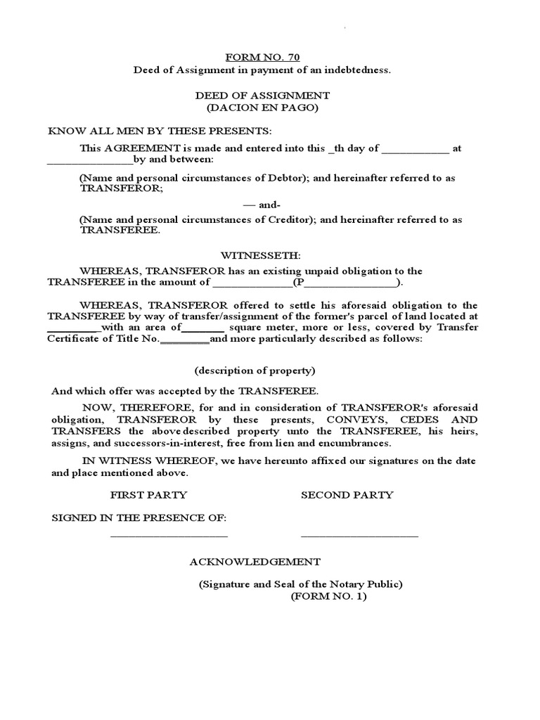 FORM NO. 70 Deed of Assignment in payment of an indebtedness. | PDF