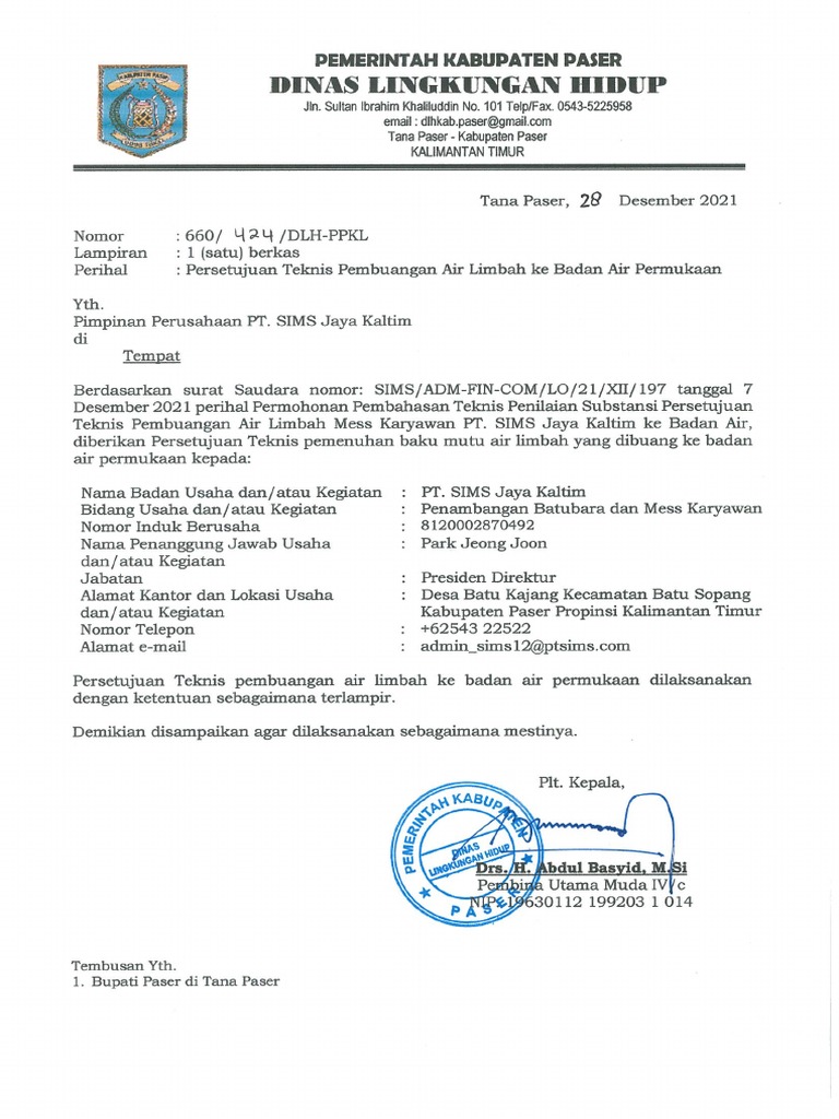 Pertek Ipal Mess Pt. Sims Jaya Kaltim | PDF