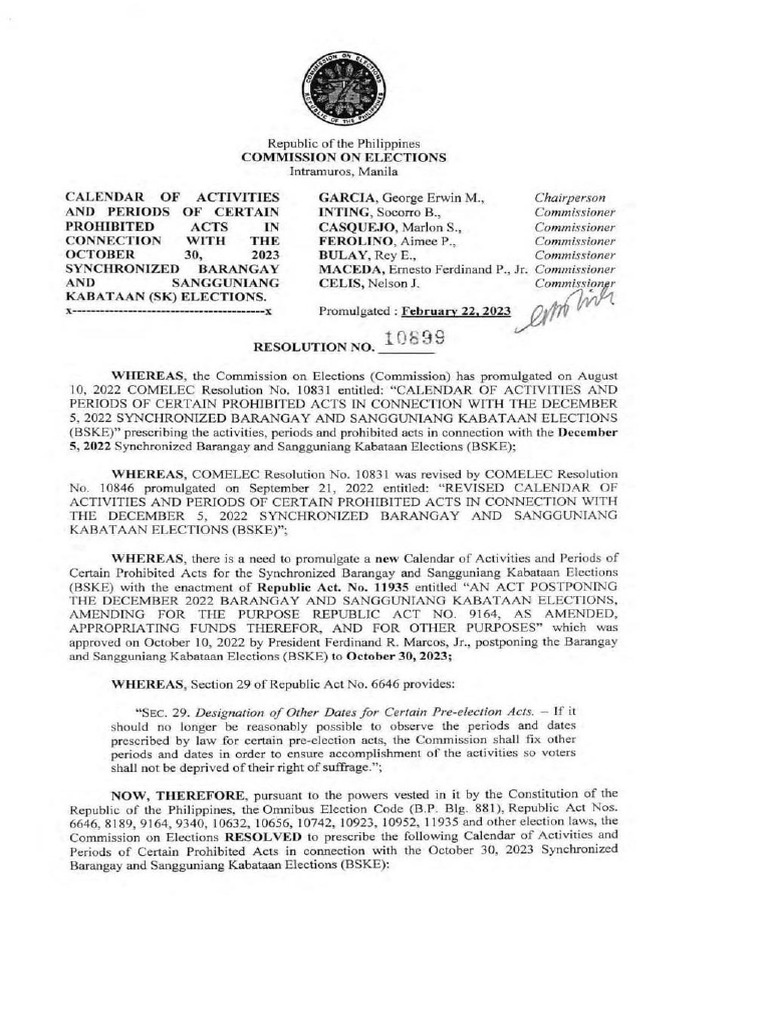 2023 Brgy and SK Election Calendar of Activities | PDF
