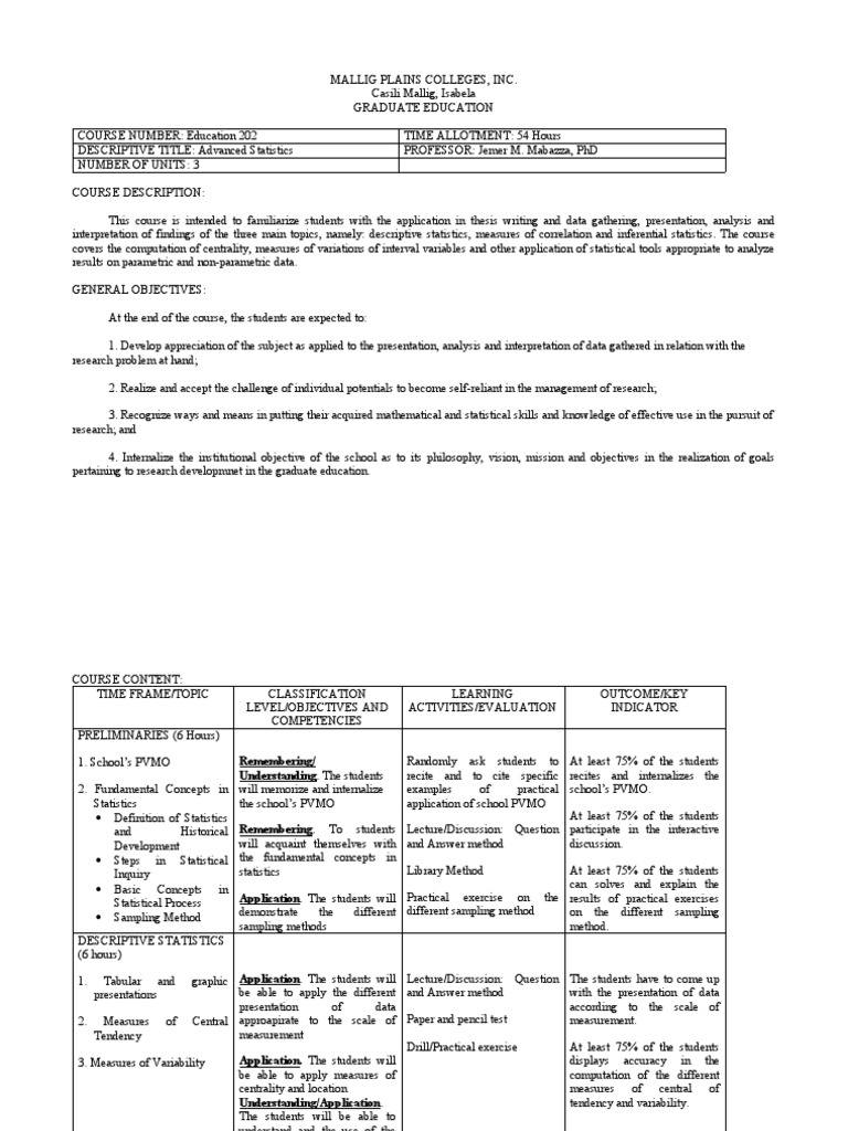 Advanced Statistics Course Syllabus Pdf Statistics Statistical Hypothesis Testing