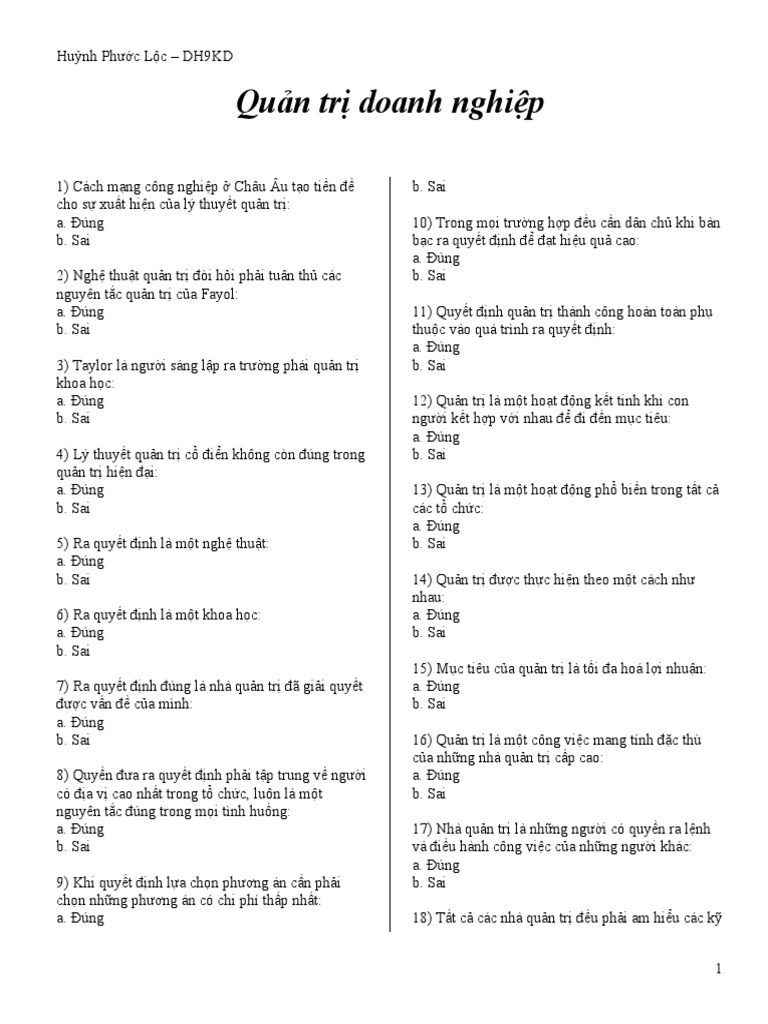 (123doc) de Thi Trac Nghiem Quan Tri Doanh Nghiep So 2 | PDF