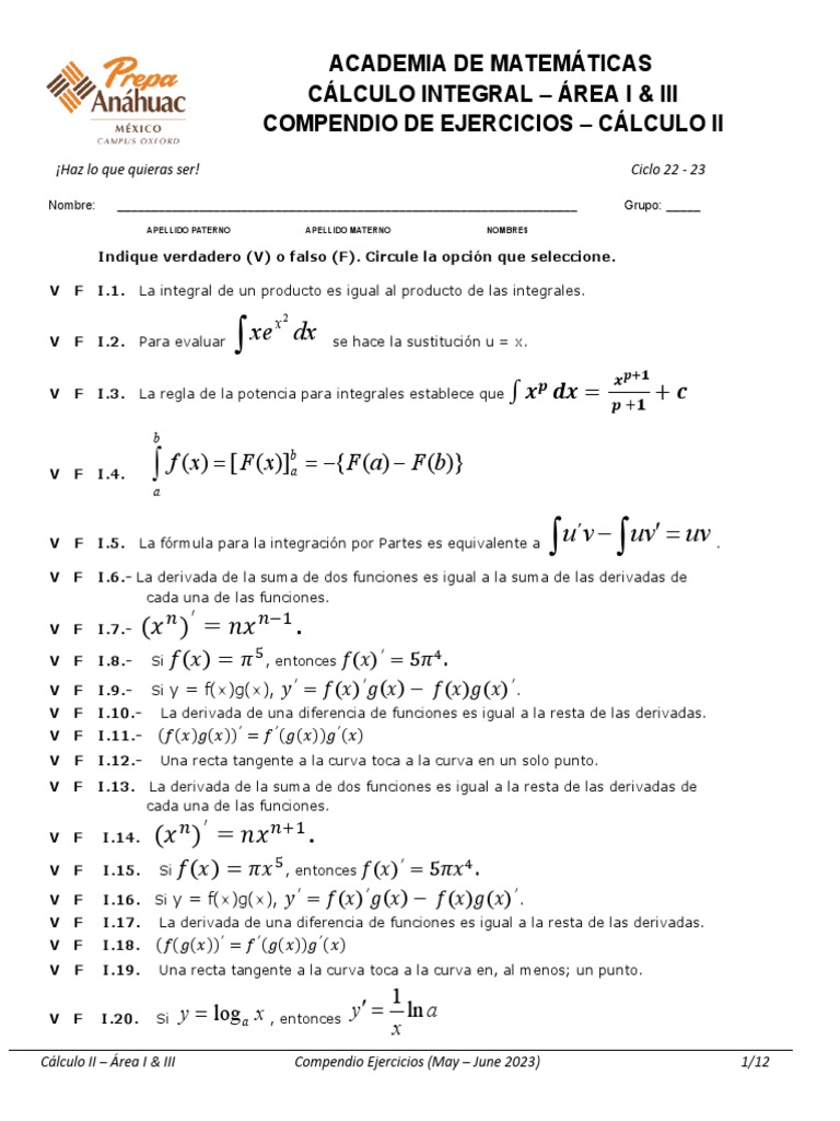Compendio+Ejercicios Cálculo+II Area+I&III (Jan.-May2023) | PDF