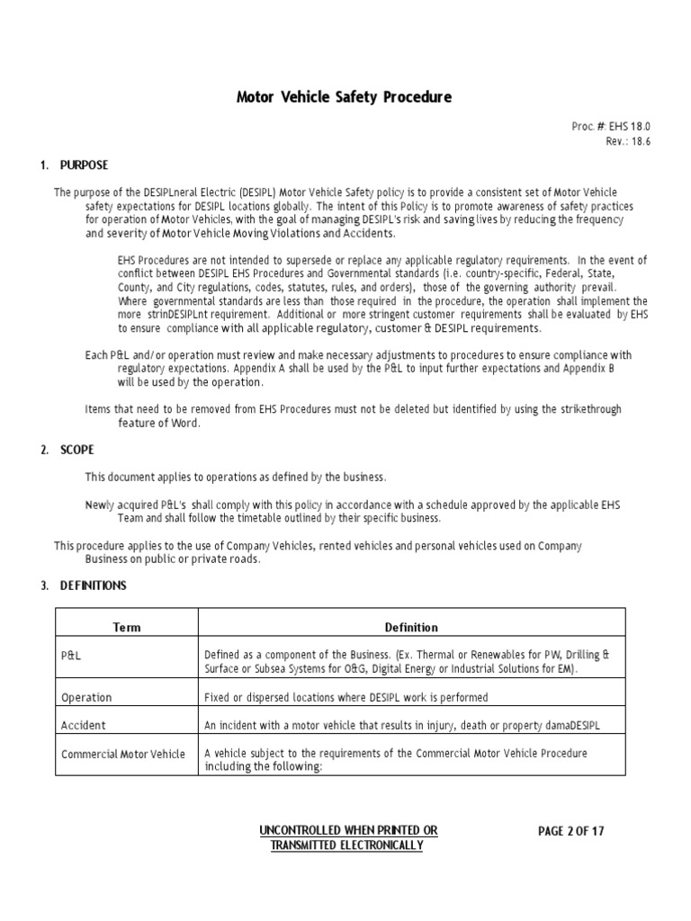 Motor Vehicle Safety Procedure | PDF