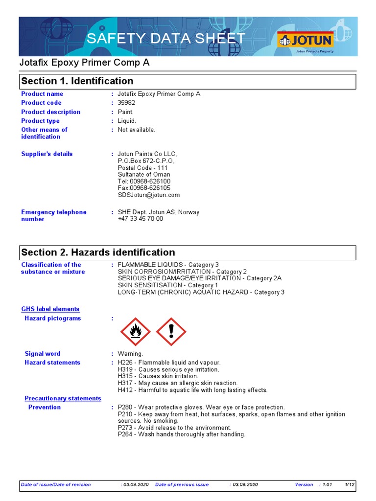 Jotafix Epoxy Primer Safety Data Sheet | PDF | Waste | Waste Management