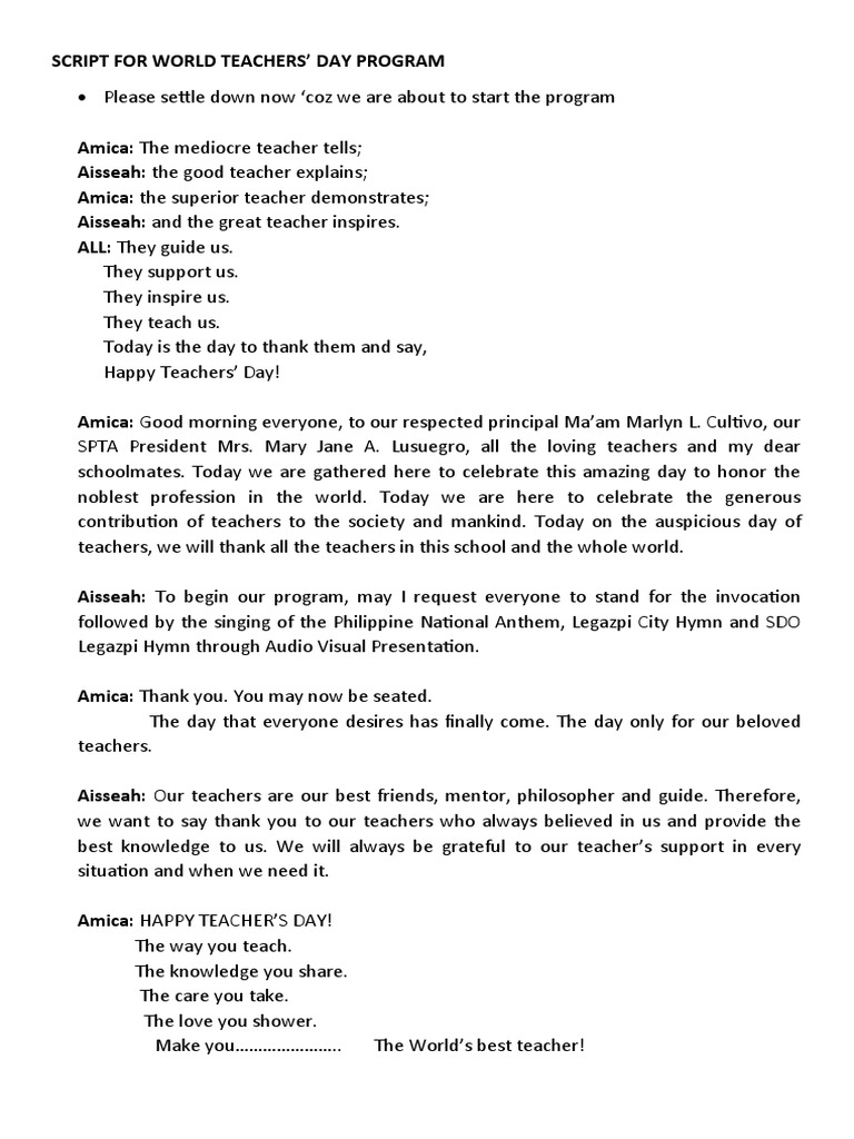 World Teachers' Day Program Script | PDF | Wellness