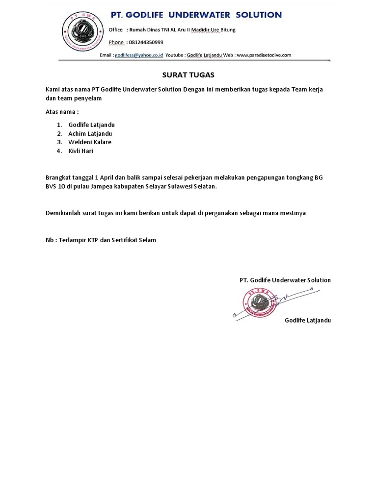 Surat Tugas Tim Penyelam BG BVS 10 | PDF