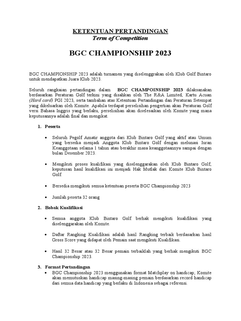 KETENTUAN PERTANDINGAN BGC Championship 2023 | PDF