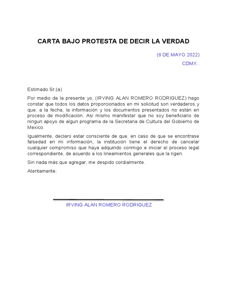 Carta bajo protesta de decir la verdad | PDF Carta bajo protesta de decir la verdad | PDF