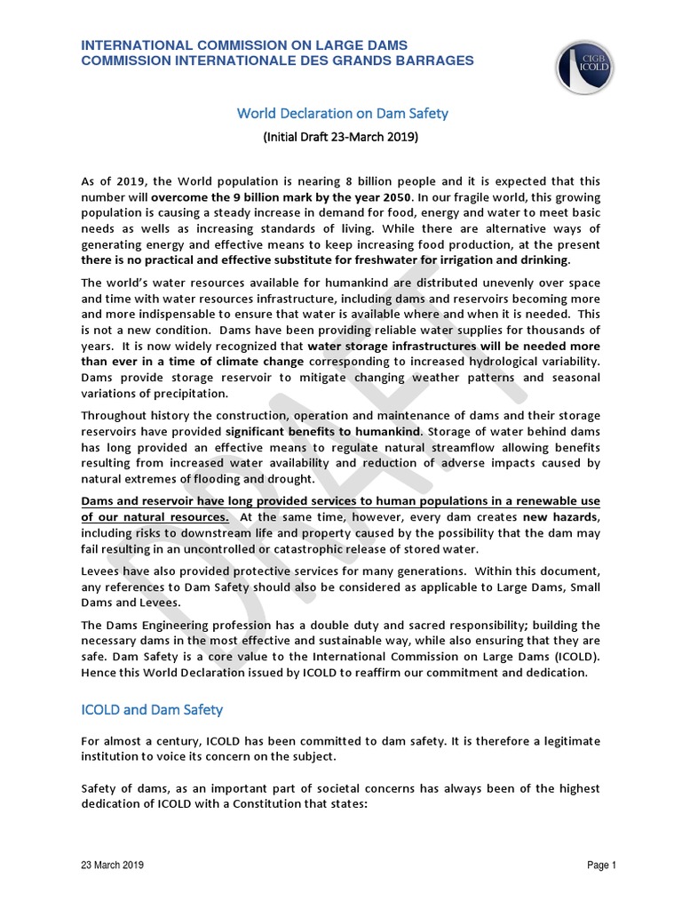 1 ICOLD - World Declaration On Dam Safety - Draft | PDF | Dam | Reservoir