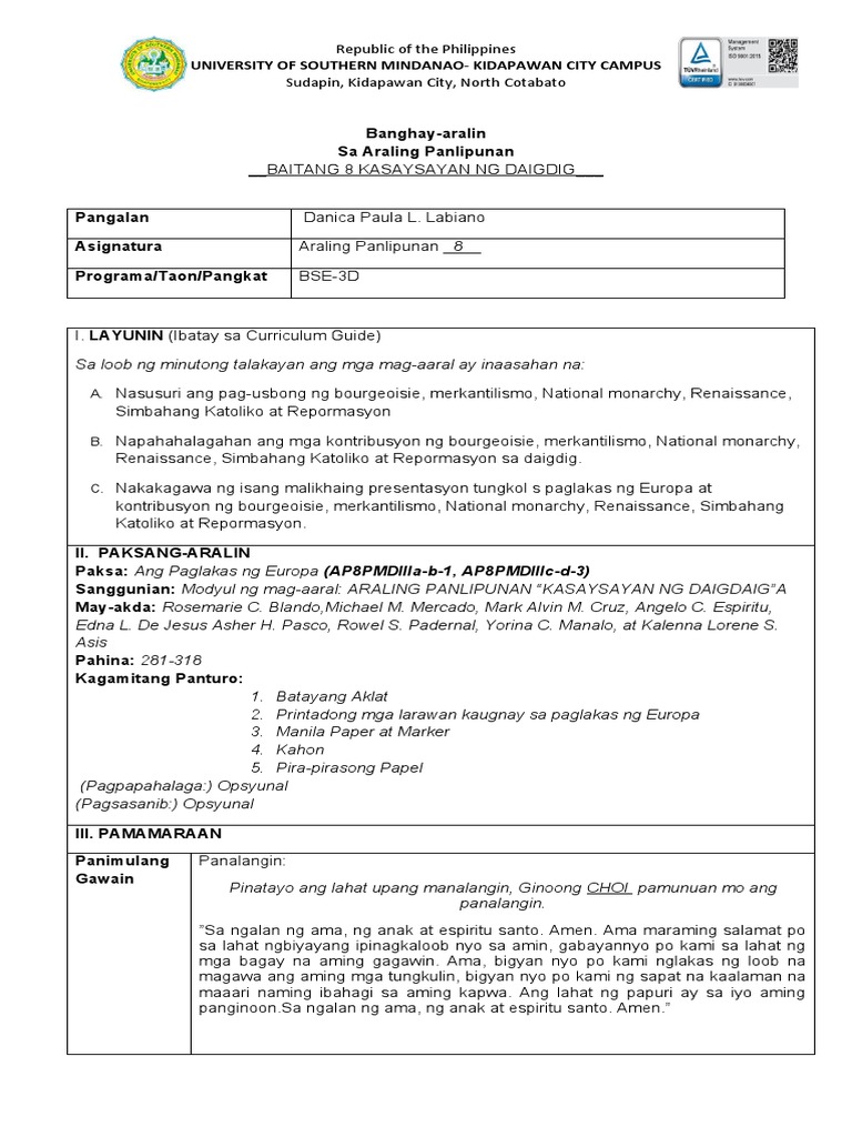 KASAYSAYAN NG DAIGDIG AP LESSON PLAN | PDF