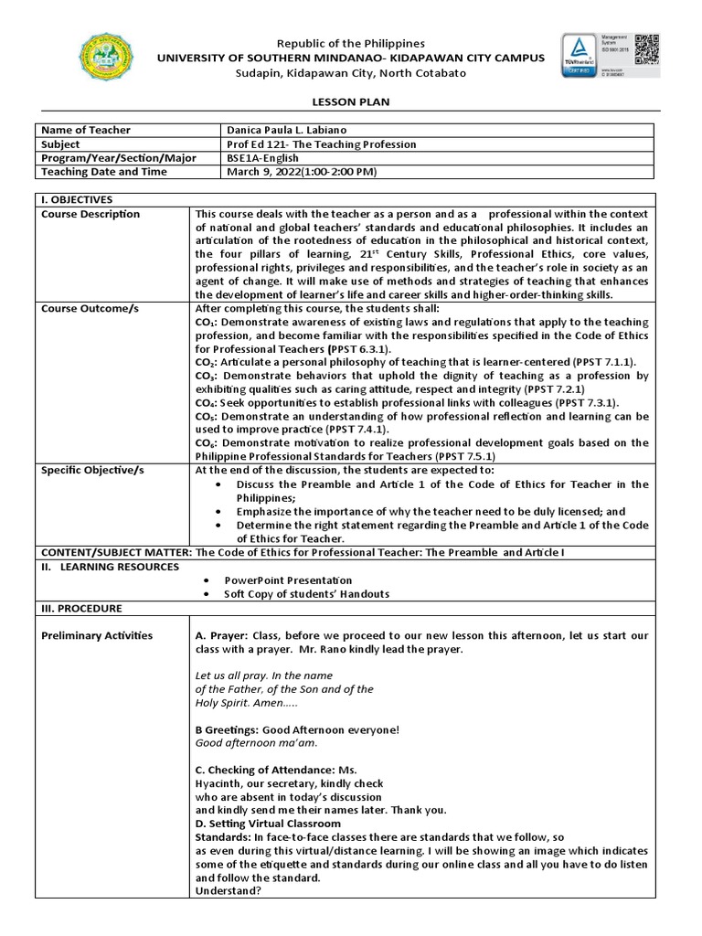 The Code of Ethics For Professional Teacher: The Preamble and Article I ...