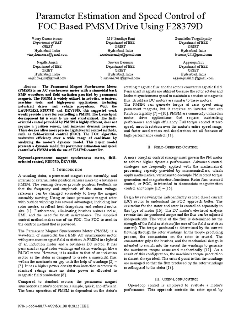 Parameter Estimation and Speed Control of FOC Based PMSM Drive Using ...
