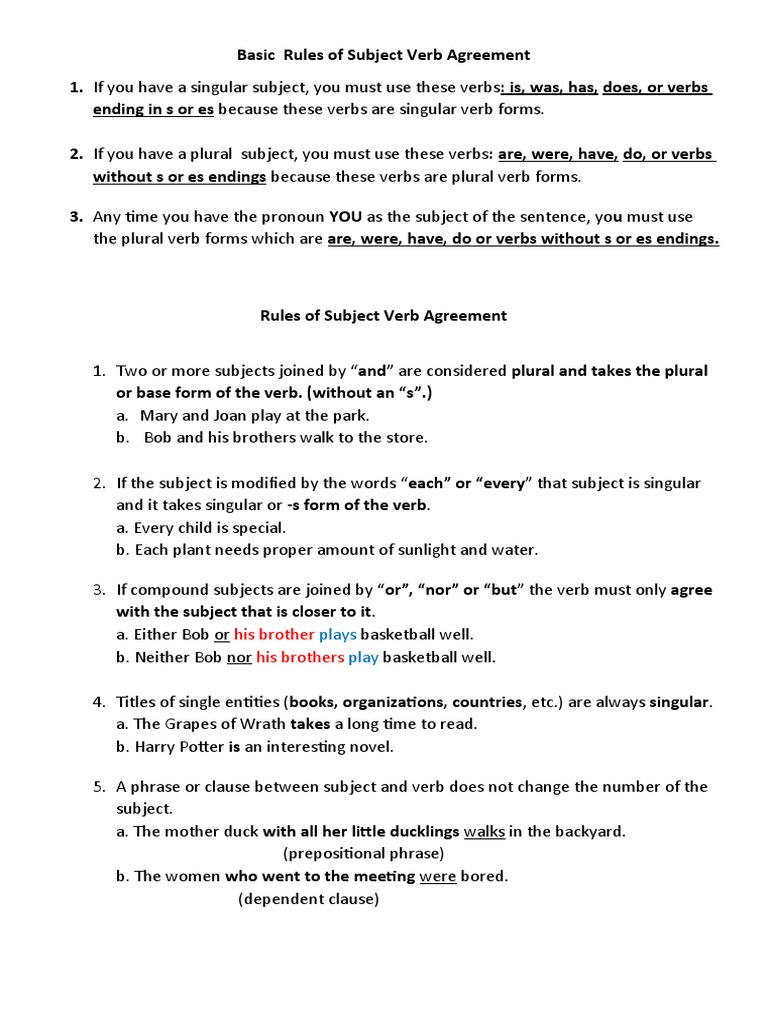 Basic Rules of Subject Verb Agreement | PDF | Grammatical Number | Verb