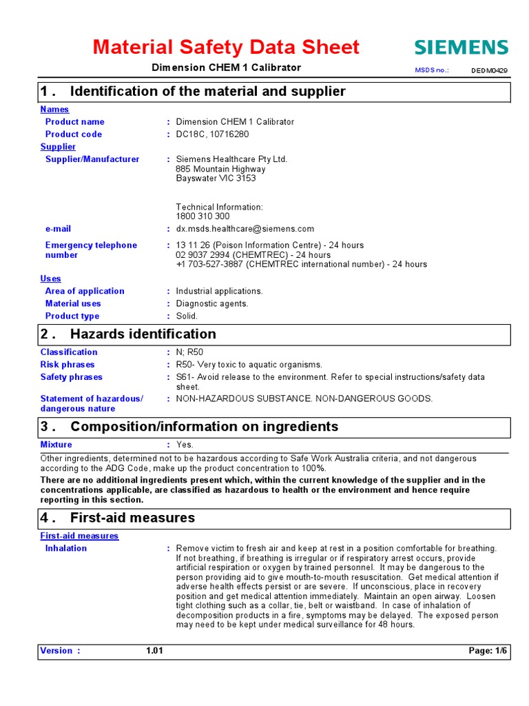 Dimension CHEM 1 Calibrator MSDS Guide | PDF | Personal Protective ...