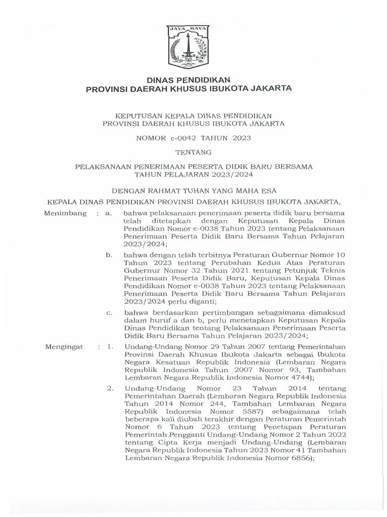 SK Kadisdik Nomor E-0042 Tahun 2023 Tentang Pelaksanaan PPDB Bersama TP 2023 - 2024 | PDF
