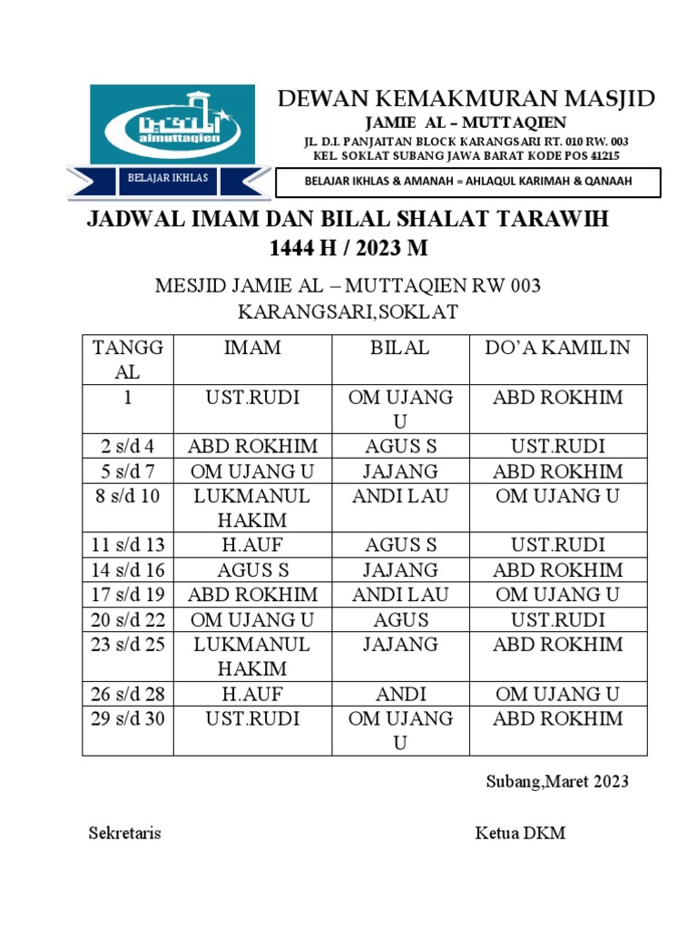 Jadwal Imam Tarawih 2023 | PDF