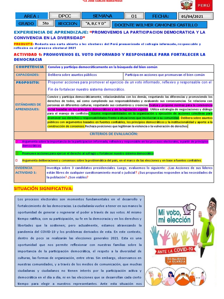 DPCC Quinto Grado Promovemos La Participacion Democratica y La Convivencia y Diversidad 1 | PDF