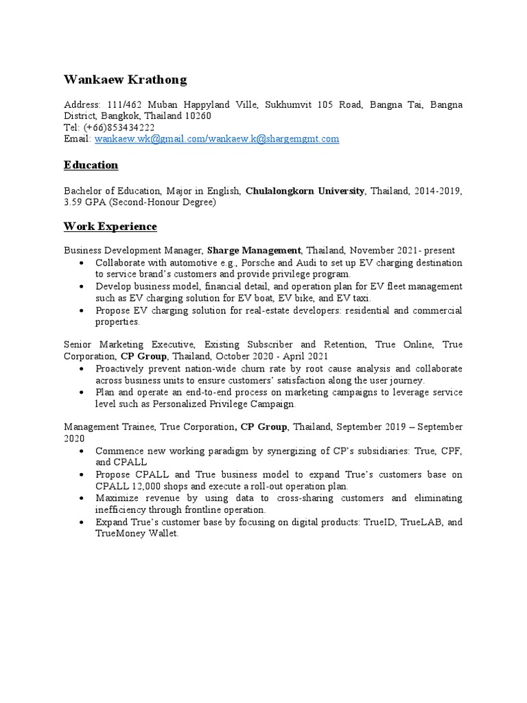 Wankaew Krathong CV | PDF | Thailand | Business