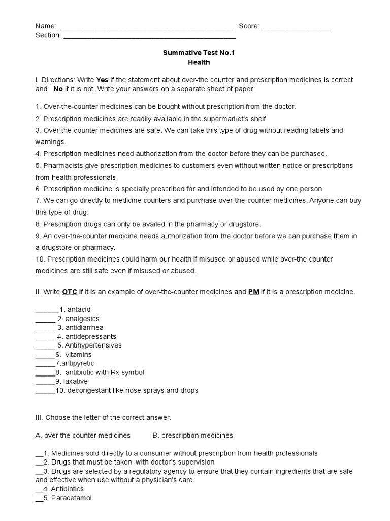 Summative Test gr.6 Health Medicine | PDF | Over The Counter Drug ...