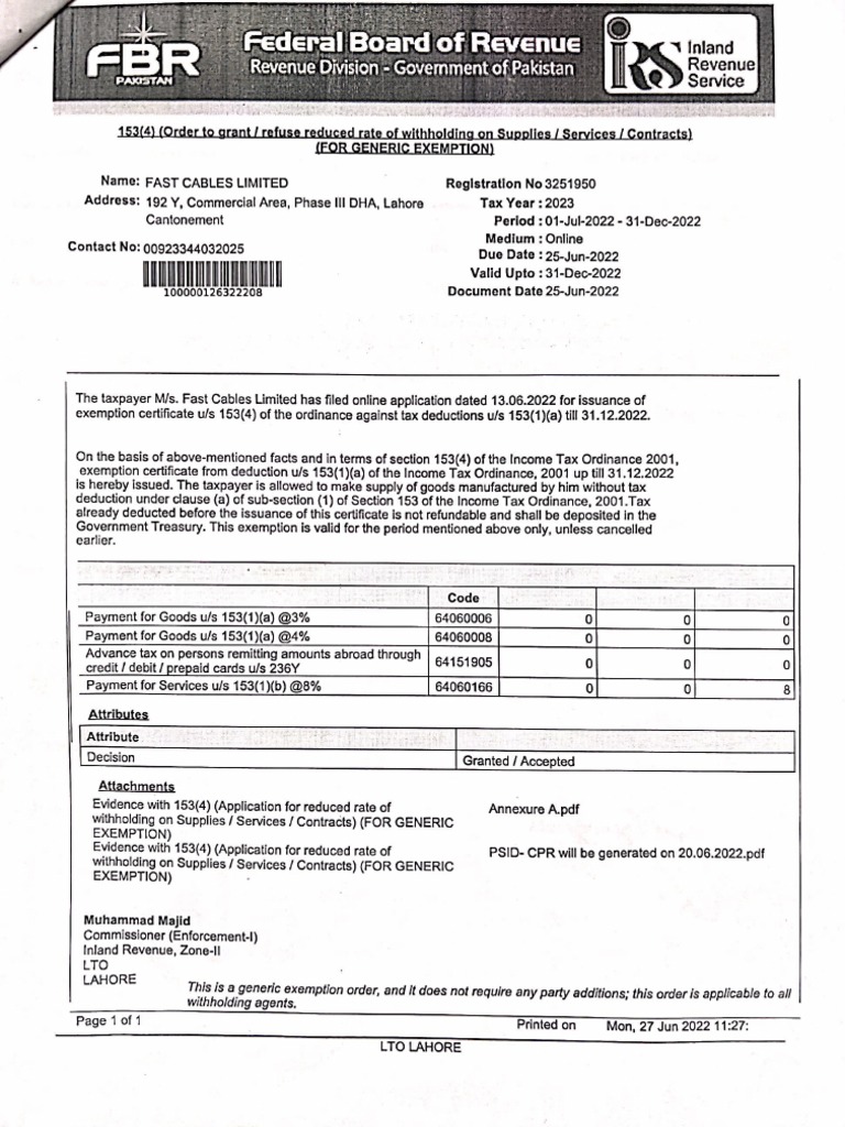 Fast Cables 2023 Exemption Certificate FBR | PDF