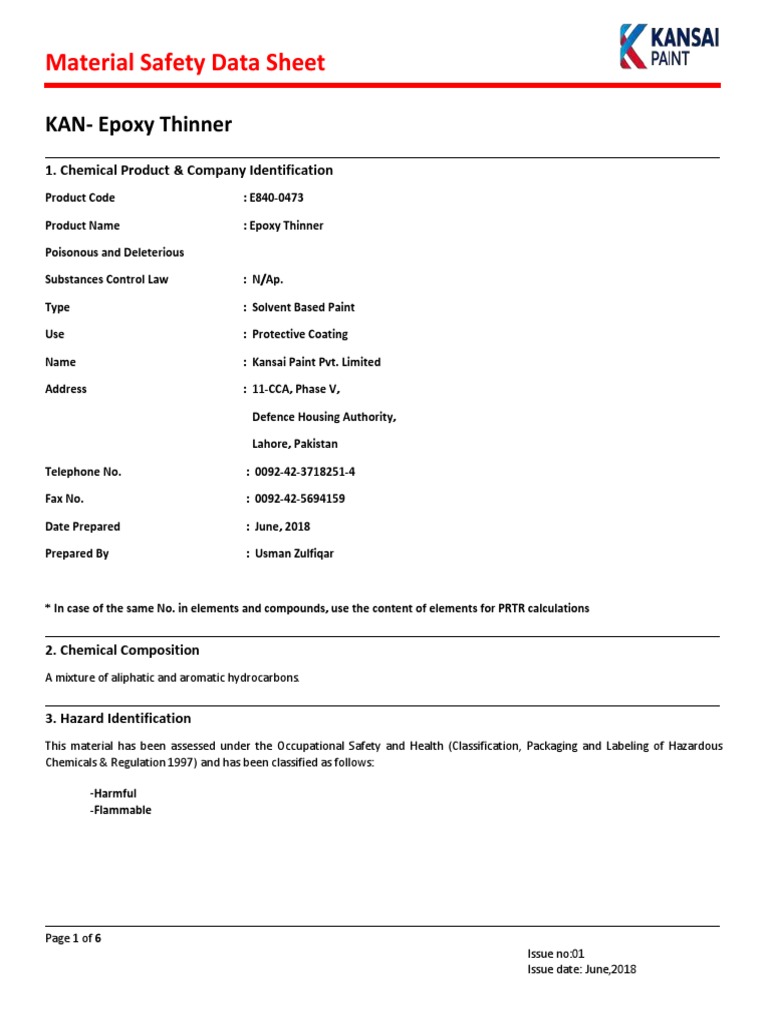 MSDS Kan Epoxy Thinner | PDF | Dangerous Goods | Firefighting