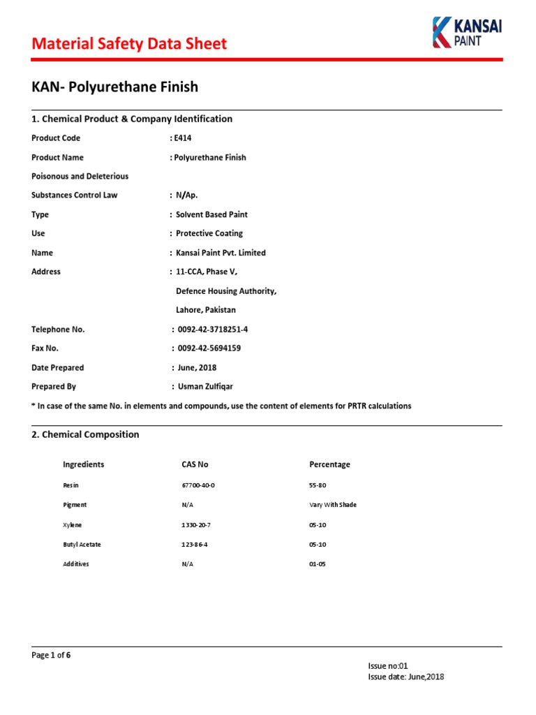 MSDS Kan PU Finish | PDF | Dangerous Goods | Occupational Safety And Health