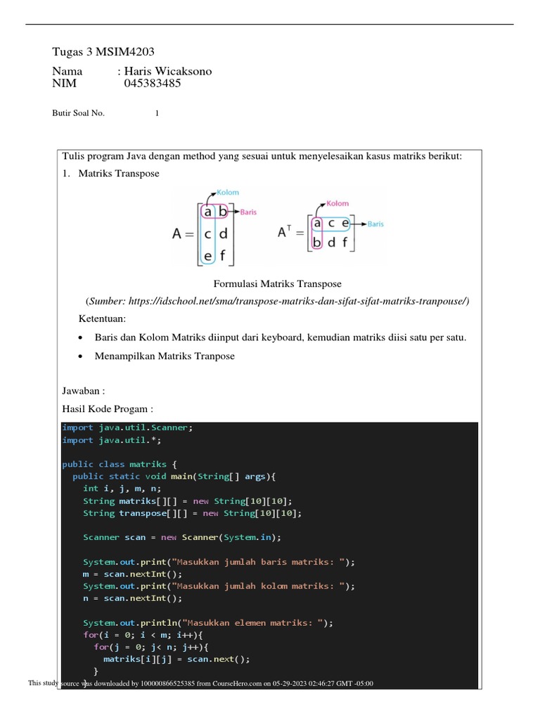 Program Java Matriks Transpose | PDF | Teknologi & Rekayasa