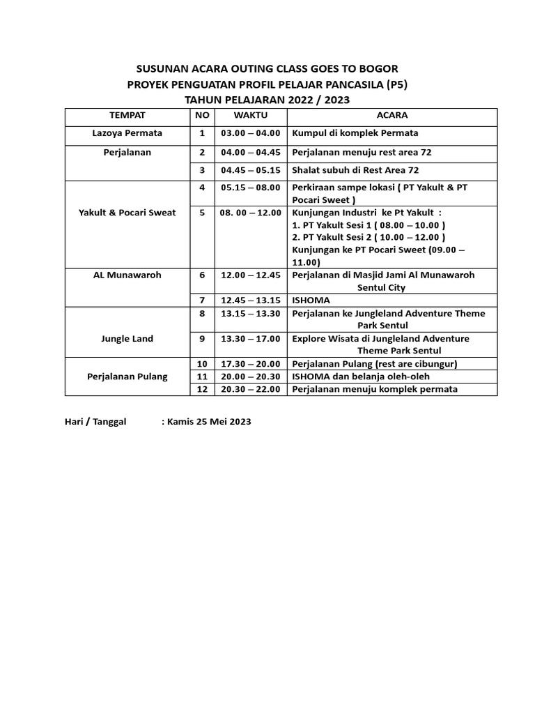 Susunan Acara Outing Class | PDF