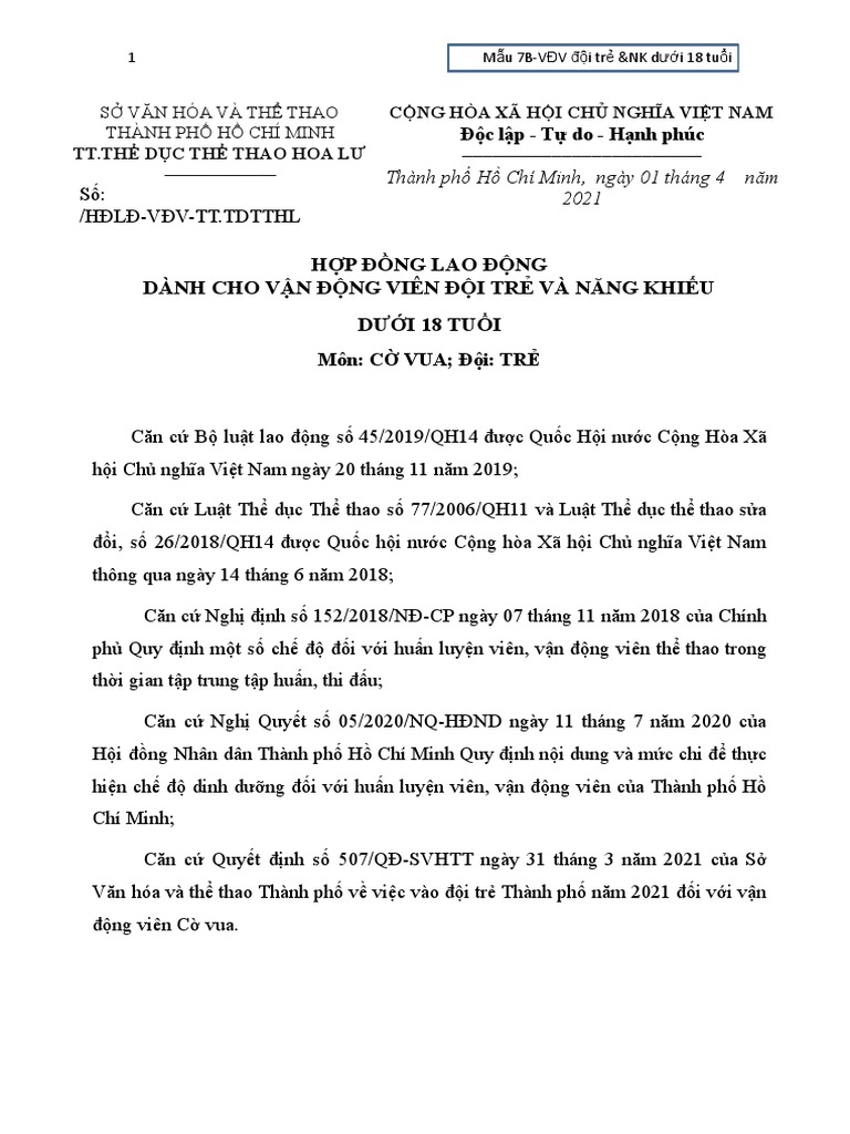 Mẫu 7B1 HĐLĐcho VĐV Trẻ Dưới 18 | PDF