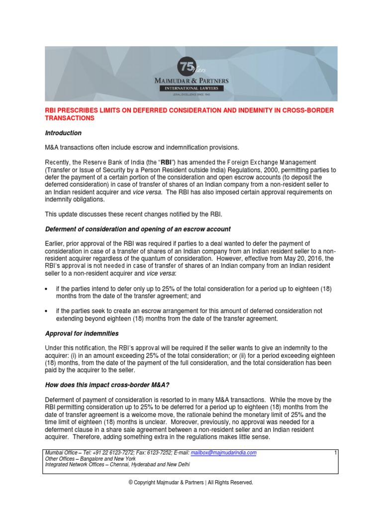 Rbi Prescribes Limits On Deferred Consideration and Indemnity in Cross ...