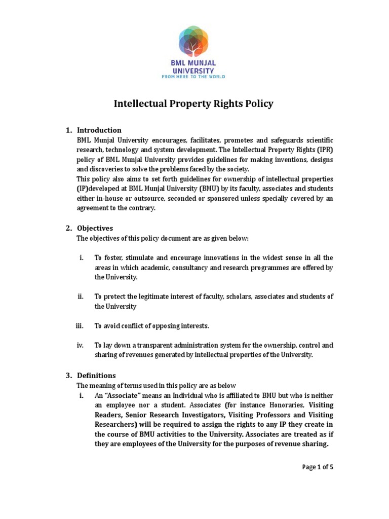 IPR Policy - BMU | PDF | Intellectual Property | Patent