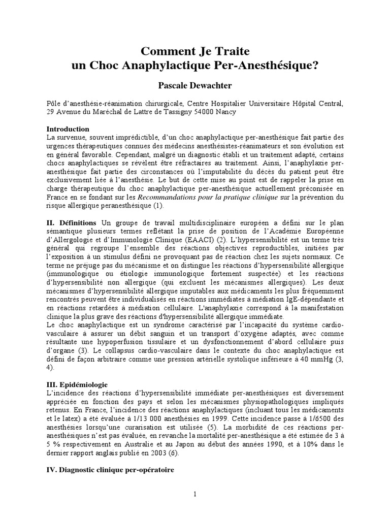 Gestion du Choc Anaphylactique en Anesthésie | PDF | Allergie | État de ...