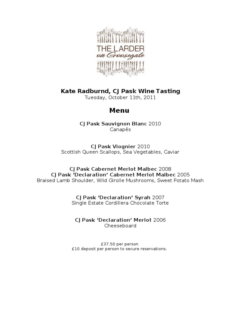 CJ Pask Wine Tasting Menu Details | PDF